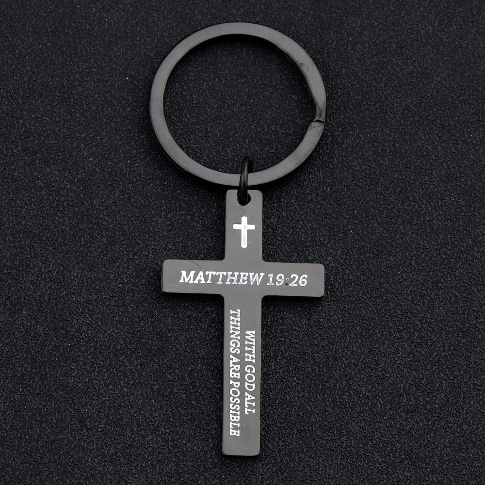 KUIYAI Matthew 19:26 with God All Things are Possible Cross Religious Keychain Christian Gift Bible Verse Inspirational Keyring (Black keychain)