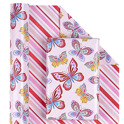 WRAPAHOLIC Reversible Wrapping Paper - Mini Roll - 17 Inch X 33 Feet - Butterfly Design, Perfect for Birthday, Party, Holiday, Wedding, Baby Shower
