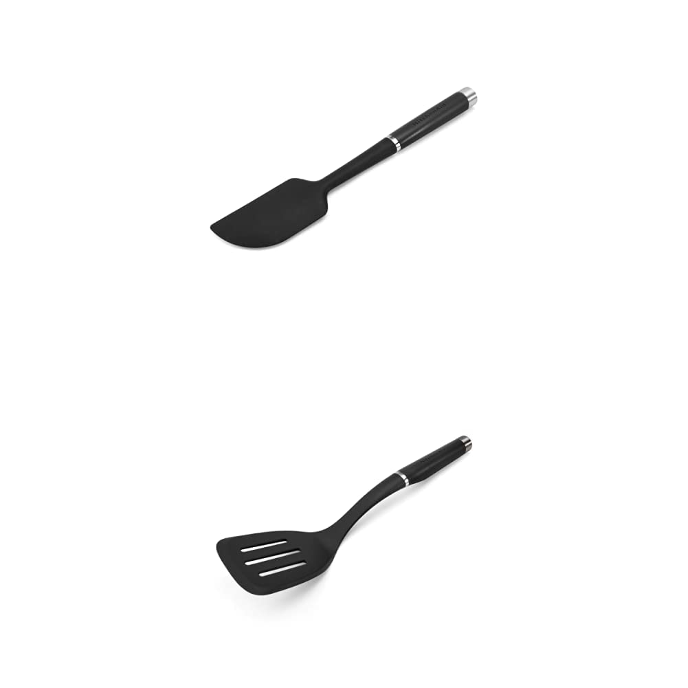 KitchenAid KO031OHOBA Gourmet Scraper Spatula, one size, Matte Black & KitchenAid Classic Slotted Turner, One Size, Black 2, 13.66-Inch