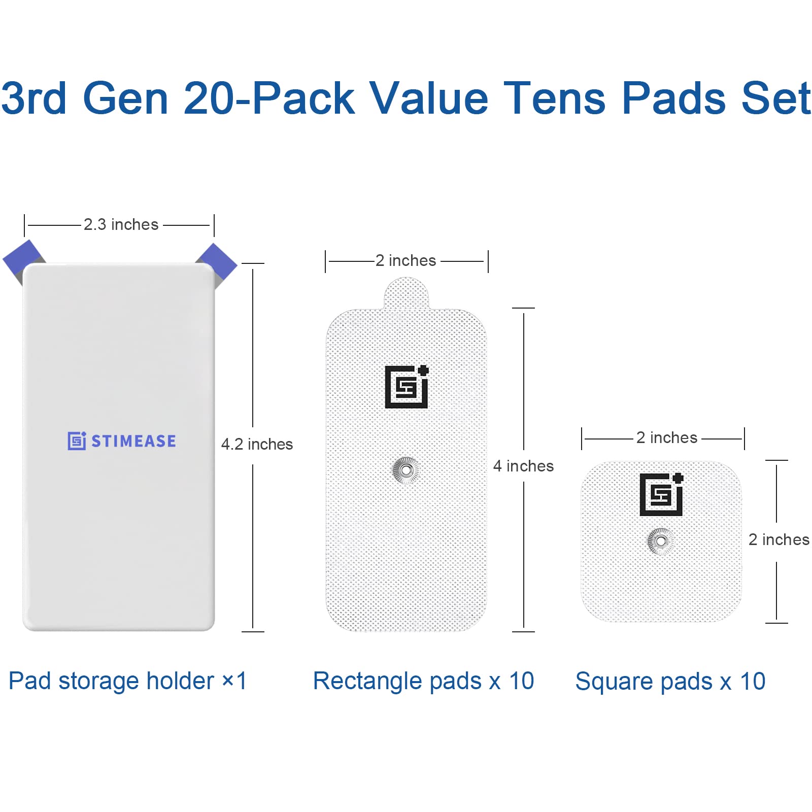 Stimease TENS Unit Replacement Pads with Snap-On Connectors (20-Pack) Reusable Self-Adhesive Electrode Pads Compatible with AUVON, TENS 7000, Nicwell Care Tens (2.7mm Connector)