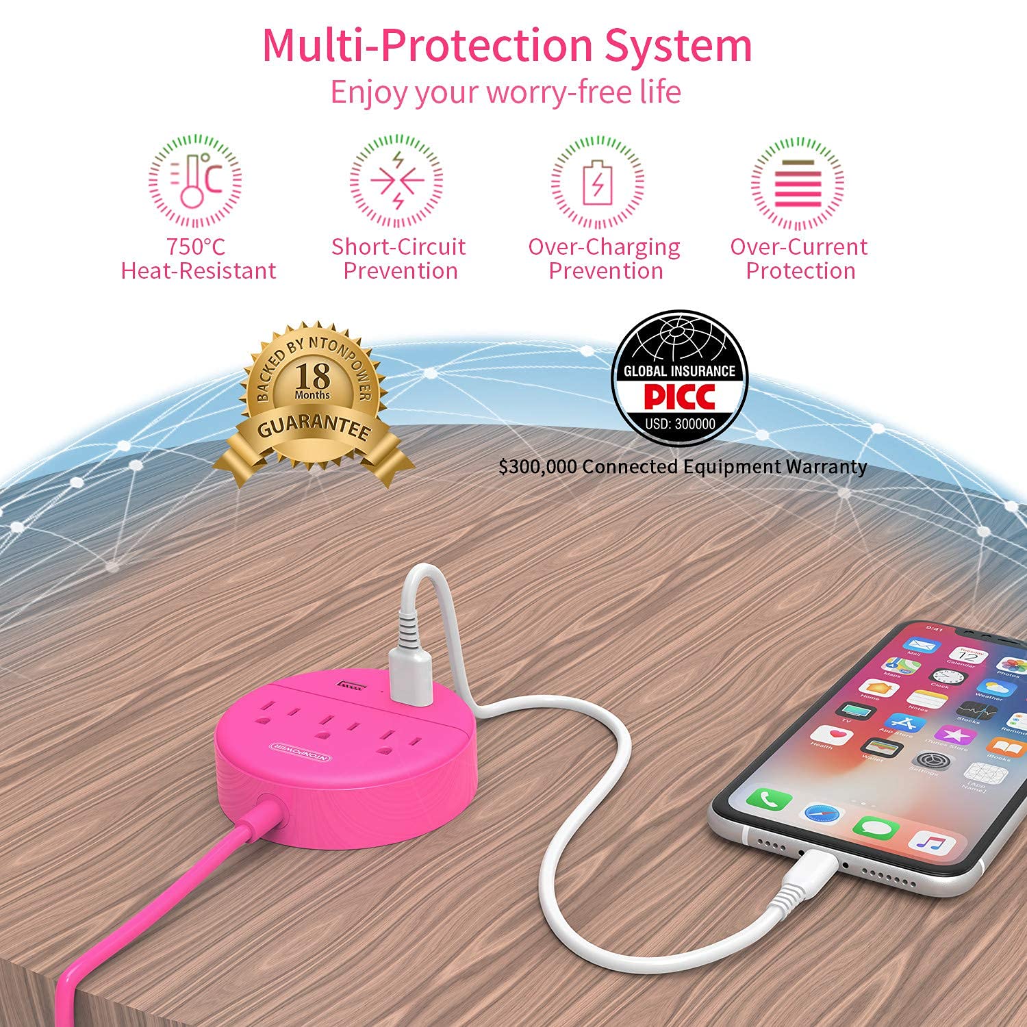 Power Strip with USB - NTONPOWER Travel Power Strip Flat Plug, 10ft Extra Long Extension Cord, 3 Outlets 2 USB Desktop Charging Station, Wall Mount, Compact for Home, Dorm Room, Office and Cruise Ship
