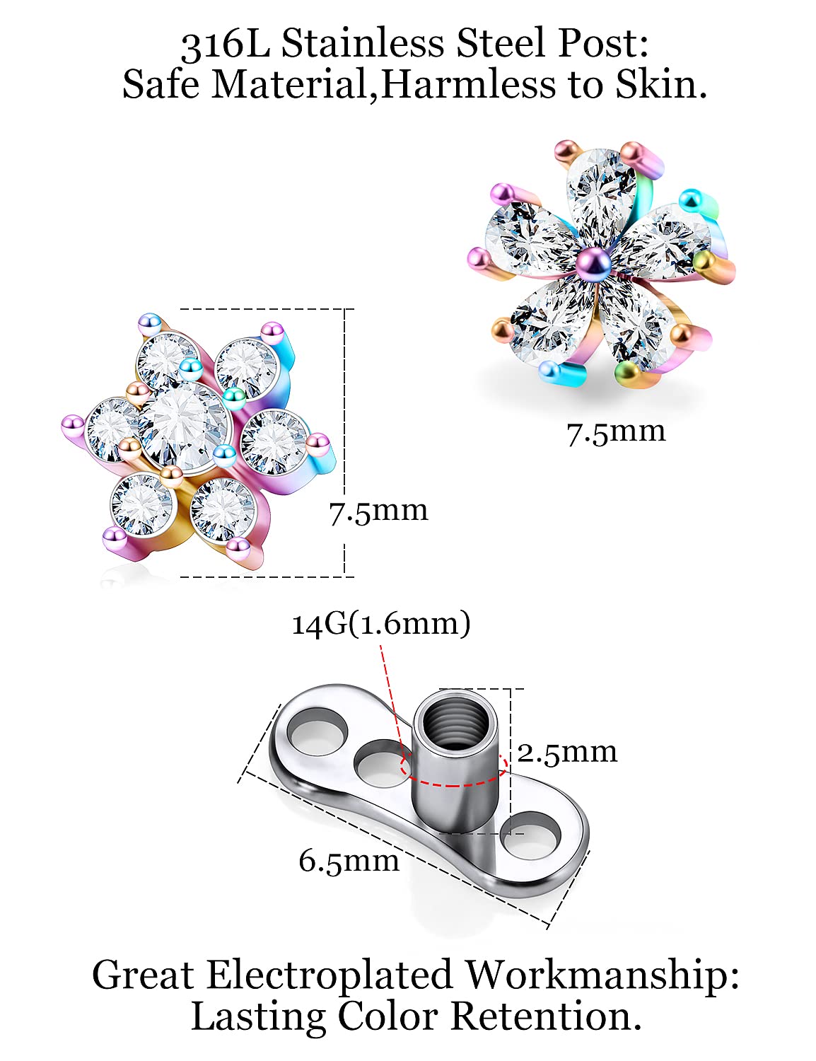 Leiainely Dermal Piercing Jewelry Dermal Tops Dermal Jewelry Dermal Top Dermal Piercing Kit Surface Piercing Jewelry Surface Tragus Jewelry 14 Gauge Dermal Anchor Titanium Replacement Microdermals