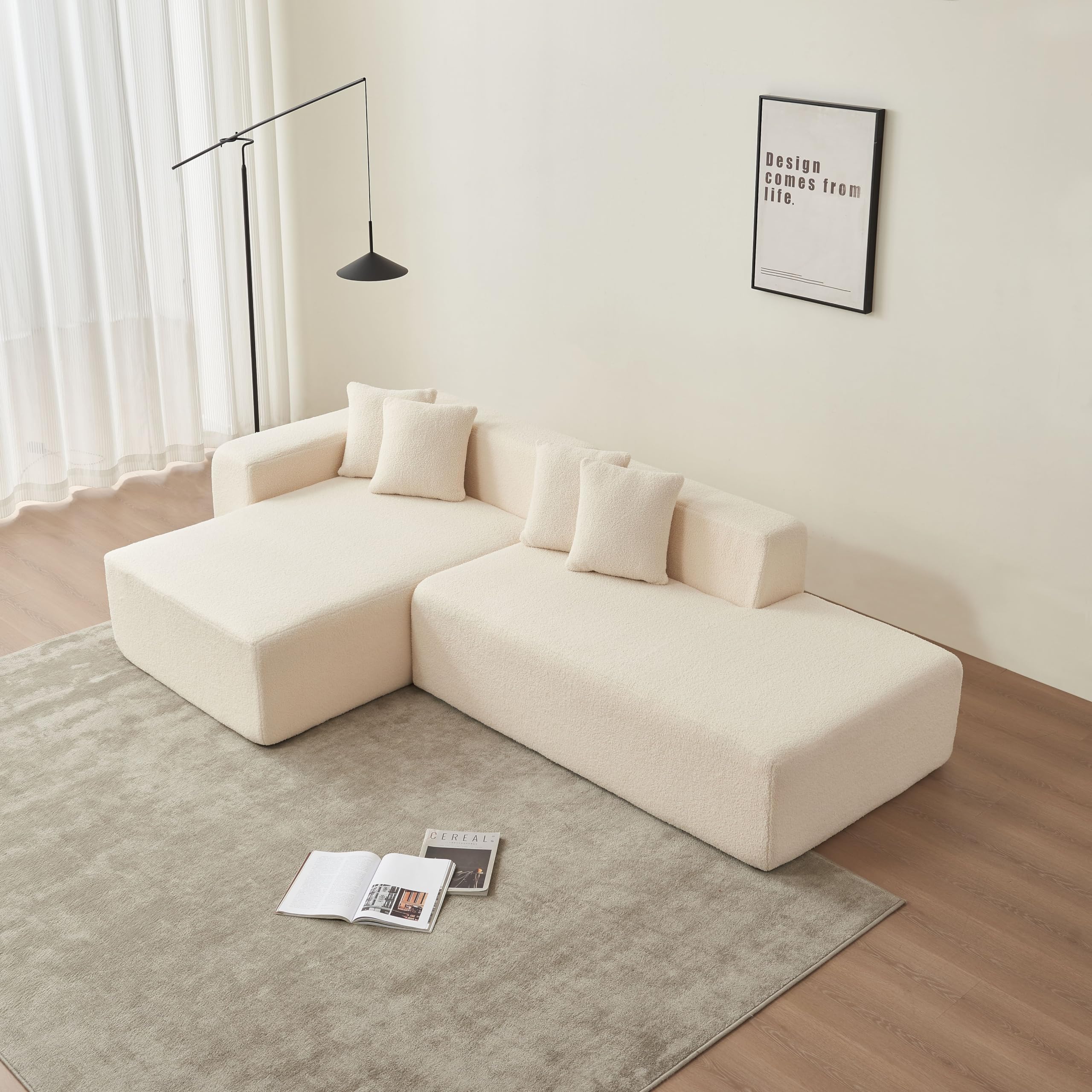 Tosaronia 105.5 X 60.2 Sectional Sofa L Shaped Couch with Sherpa Fabric,3 Seat Corner Sofa Couch,Modern Upholstered Couch with 4 Pillow Right Chaise Lounge for Living Room Apartment Office(Beige)
