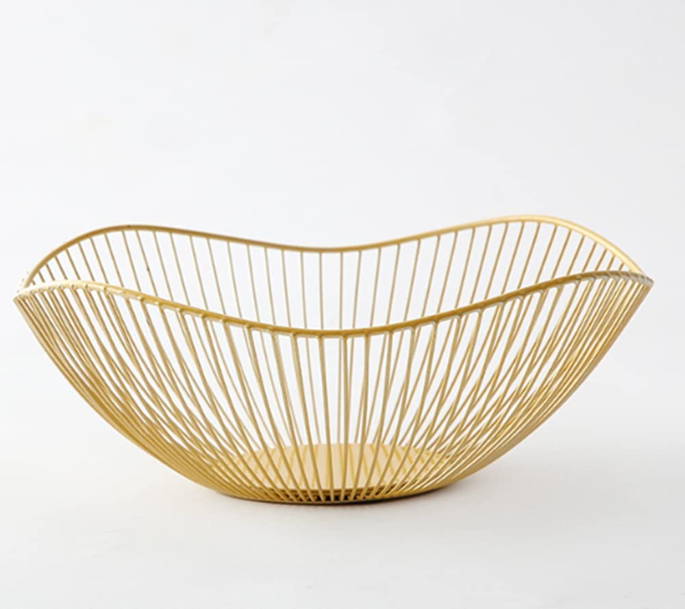 NatureMan Kitchen counter fruit bowl Large fruit basket bowl Metal wavy storage basket Kitchen vegetable and fruit bowl, used to hold fruits, vegetables and bread (Gold-Small)