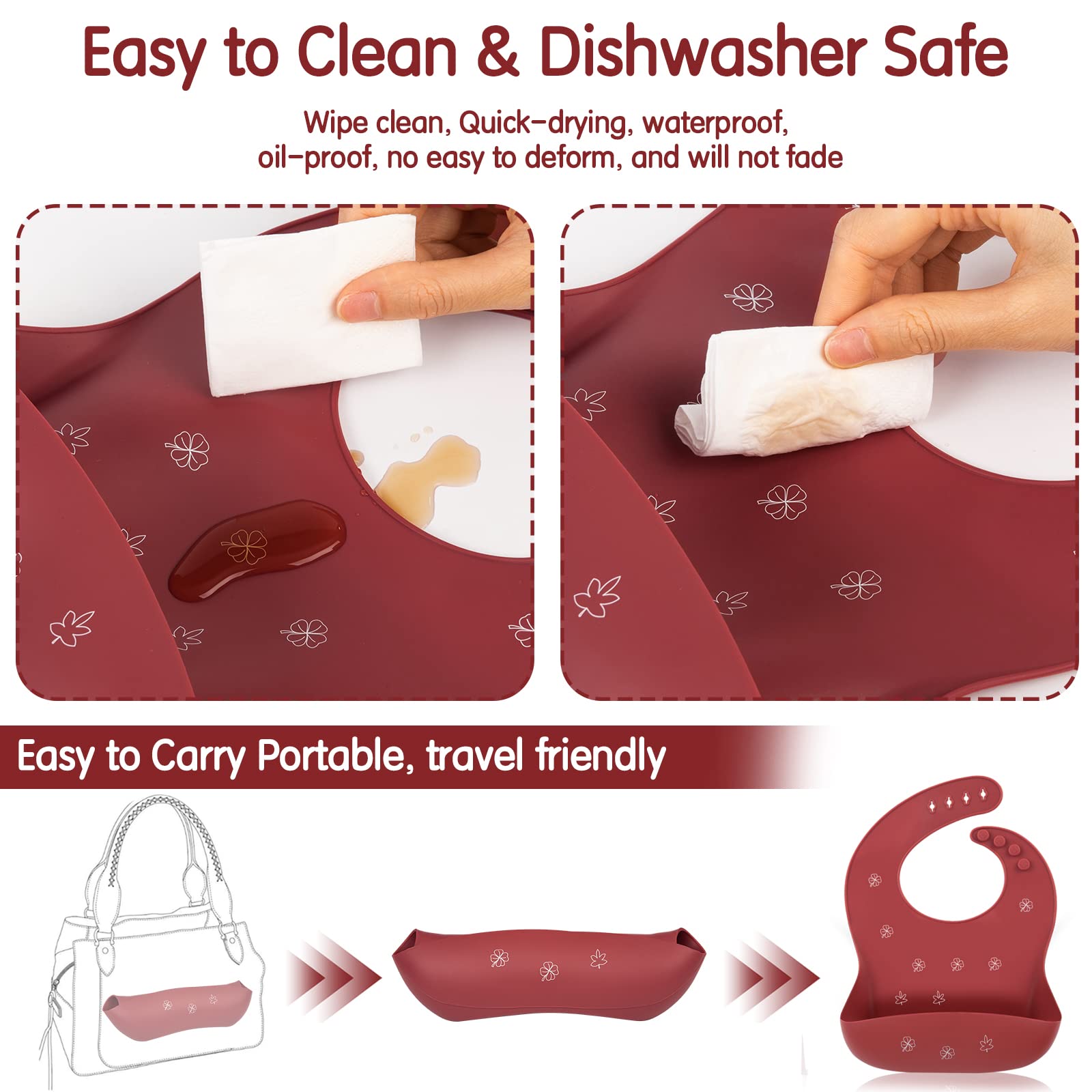Silicone Baby Bib - Waterproof Bib with Spoon- Stay Open Pocket Feeding Bib for Toddlers- Lightweight Comfortable Adjustable Snaps Food Grade Bib - Easily Wipe Clean (Red)