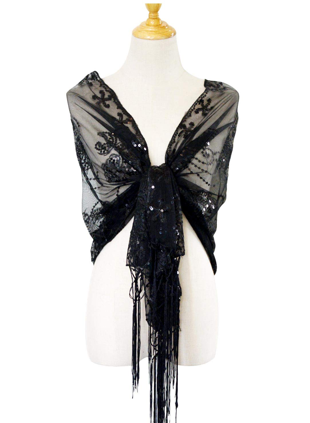 L'VOW Women's Glittering 1920s Scarf Mesh Sequin Wedding Cape Fringed Evening Shawl Wraps(Black)