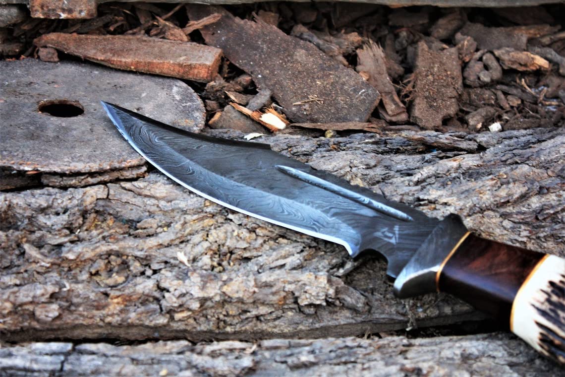 PSK132 - Damascus Steel Bowie Knife, Hunting knife, Viking knife, Stag Crown, Top Selling, Brown
