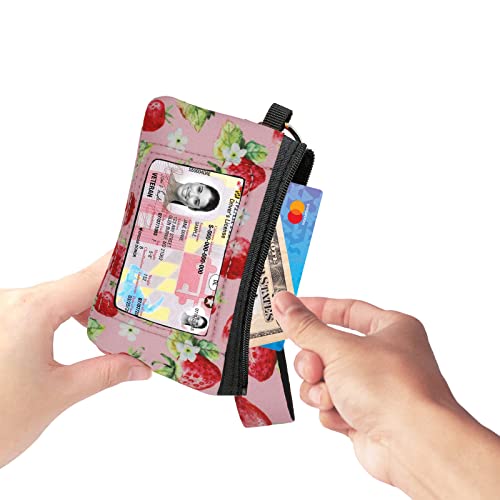 Roctocesy Women's Wallet with Interlayer Zip Id Case Wallet with Wristlet Lanyard Floral Print Key Coin Pouch (Strawberry+Palm Leaves)