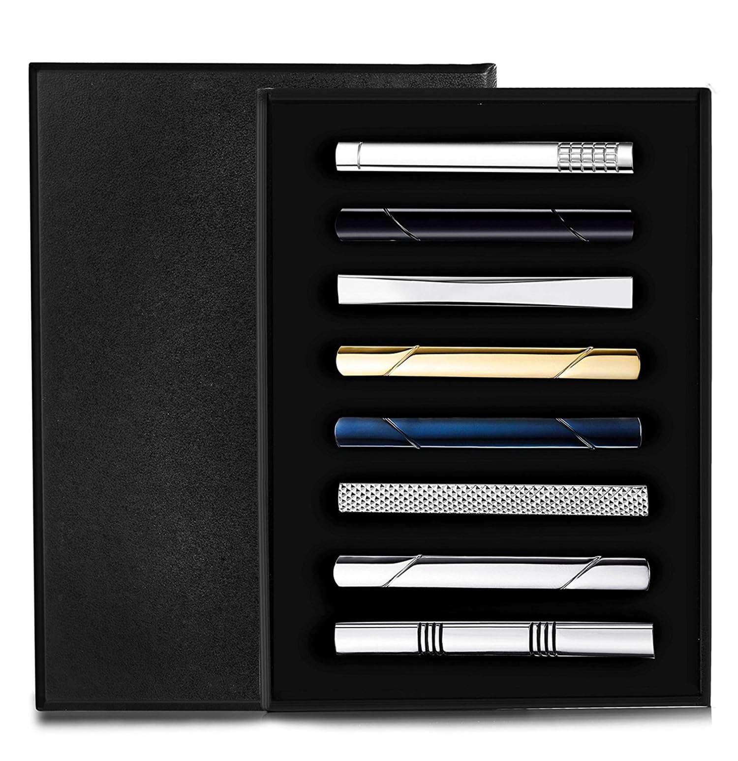 Jstyle 8Pcs Tie Clips for Men, Matte and Shiny Tie Clip Set with Elegant Gift Box, Classic Tie Bar Set for Regular Ties Necktie Wedding Bussiness Anniversary Tie Pin Clips