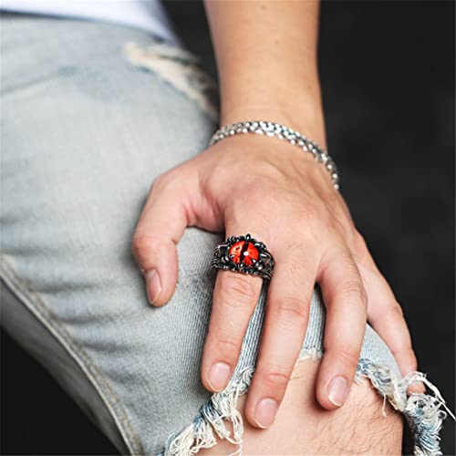OAKKY Unisex Stainless Steel Vintage Personality Ghost Devil Dragon Claw Bloody Demon Round Red Gemstone Biker Ring Gothic Punk Statement Size 11