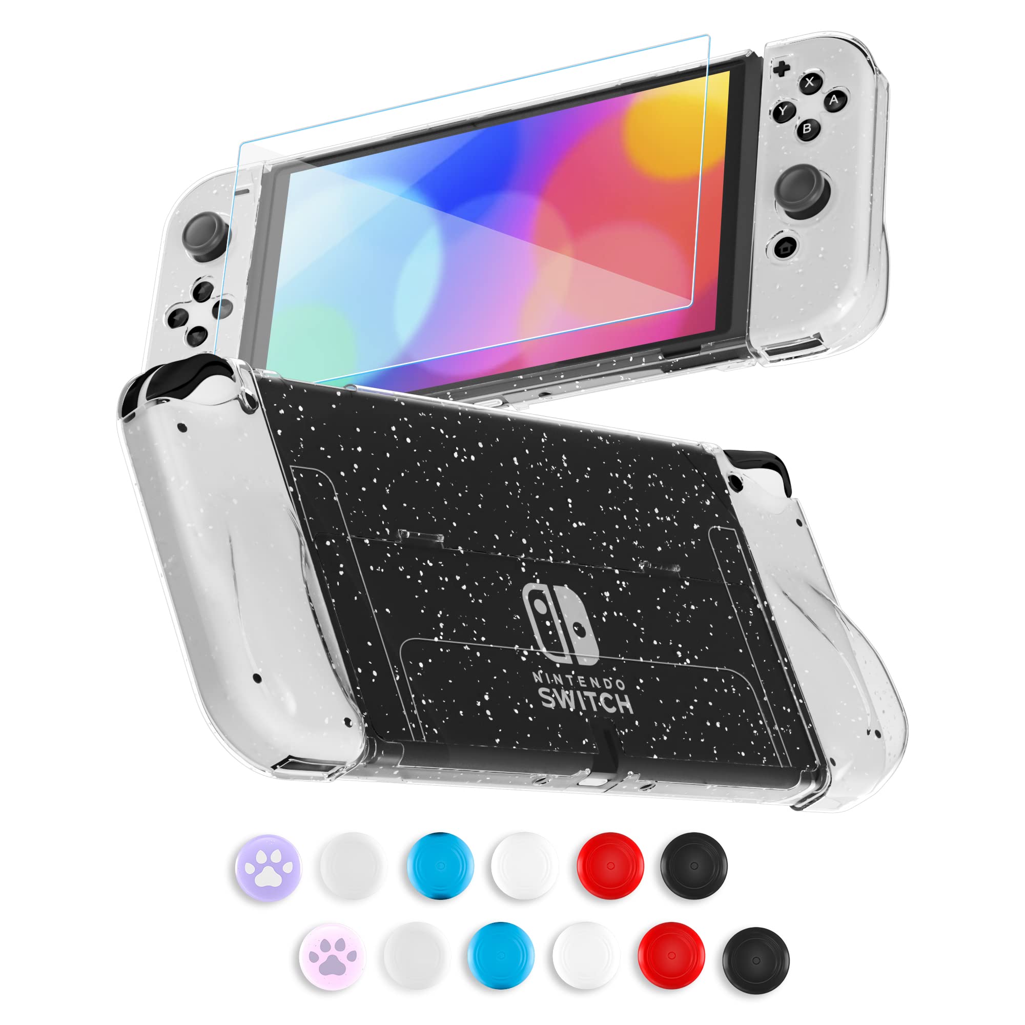 RHOTALL Glitter Protective Case Kit Compatible with Nintendo Switch OLED, Dockable Hard Shell for Switch OLED Console, Soft Cover for Joycon Controller, Case Set with Screen Protector, 12 Thumb Caps