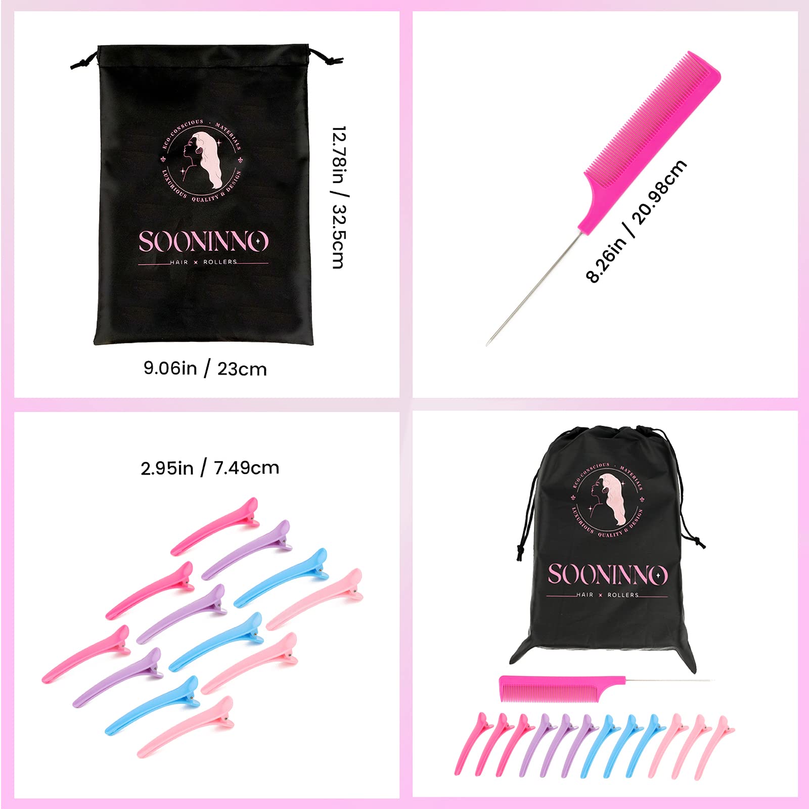 Sooninno Hair Rollers Curlers Set 38 Pcs Perfect for Long Medium Short Hair, 4 Sizes Self Grip Rollers Heatless Styling Tools with Large Storage Bag, Duckbill Clips