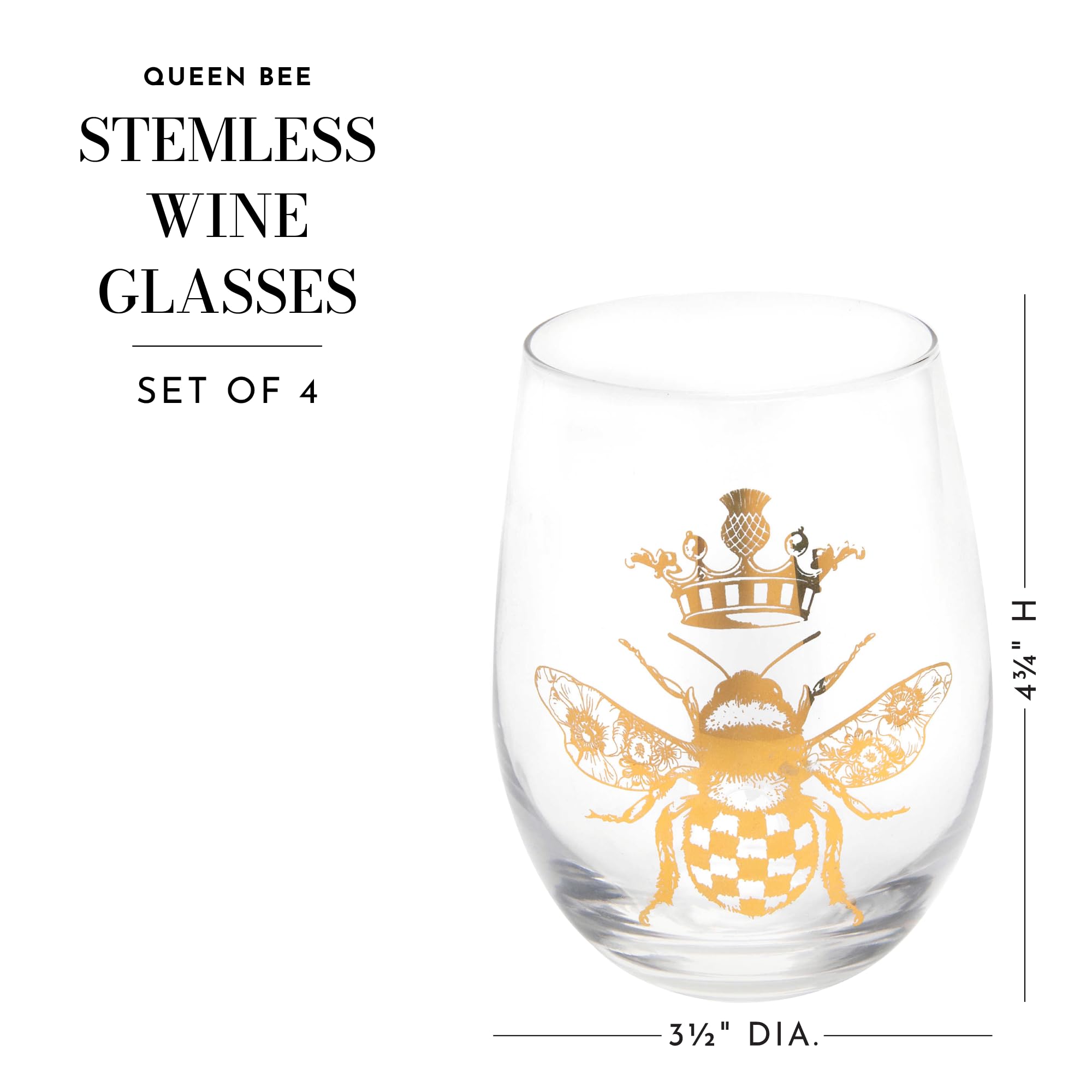 MACKENZIE-CHILDS Queen Bee Stemless Wine Glasses, Bee Drinking Glasses, Decorative Wine Glasses, Set of 4