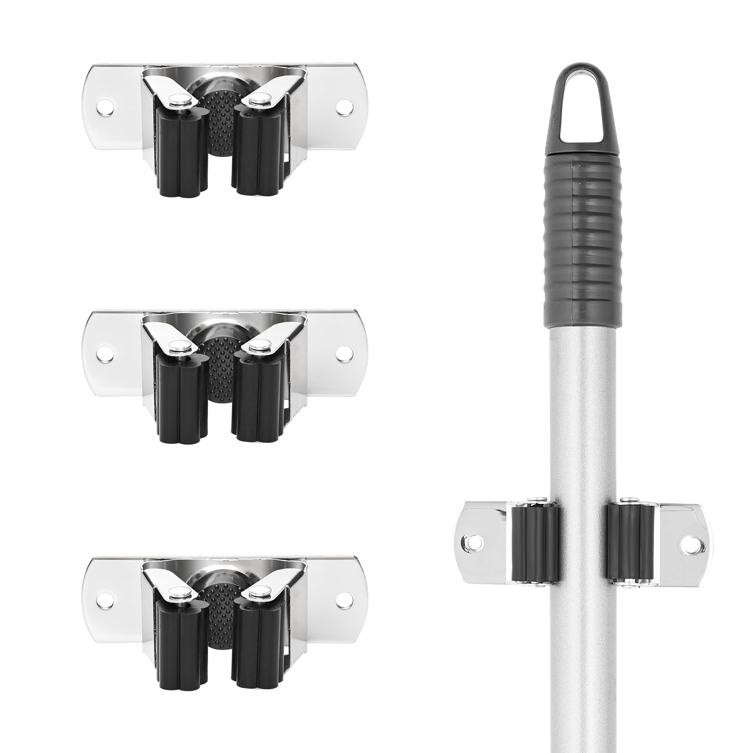 Superio Mop and Broom Holder, Set of 4 Single Piece Hooks, Stainless Steel Wall Mount Cleaning Storage Tool Organizer, Heavy-Duty Hook for Kitchen, Closet Garage, and Office