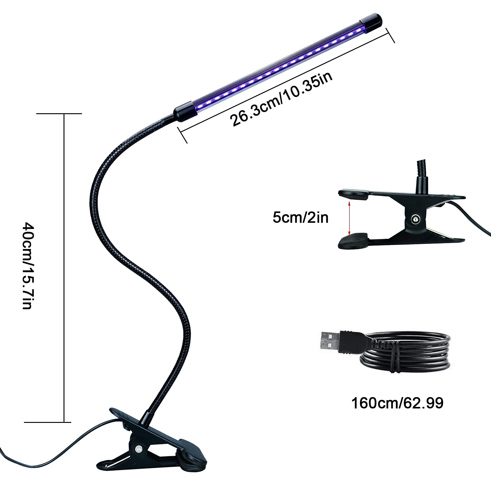 KXZM USB LED Blacklight with Desk Clamp, 360 Degree Rotating Gooseneck Purple Light 395-400nm Fixture for Paint, Fluorescent Poster