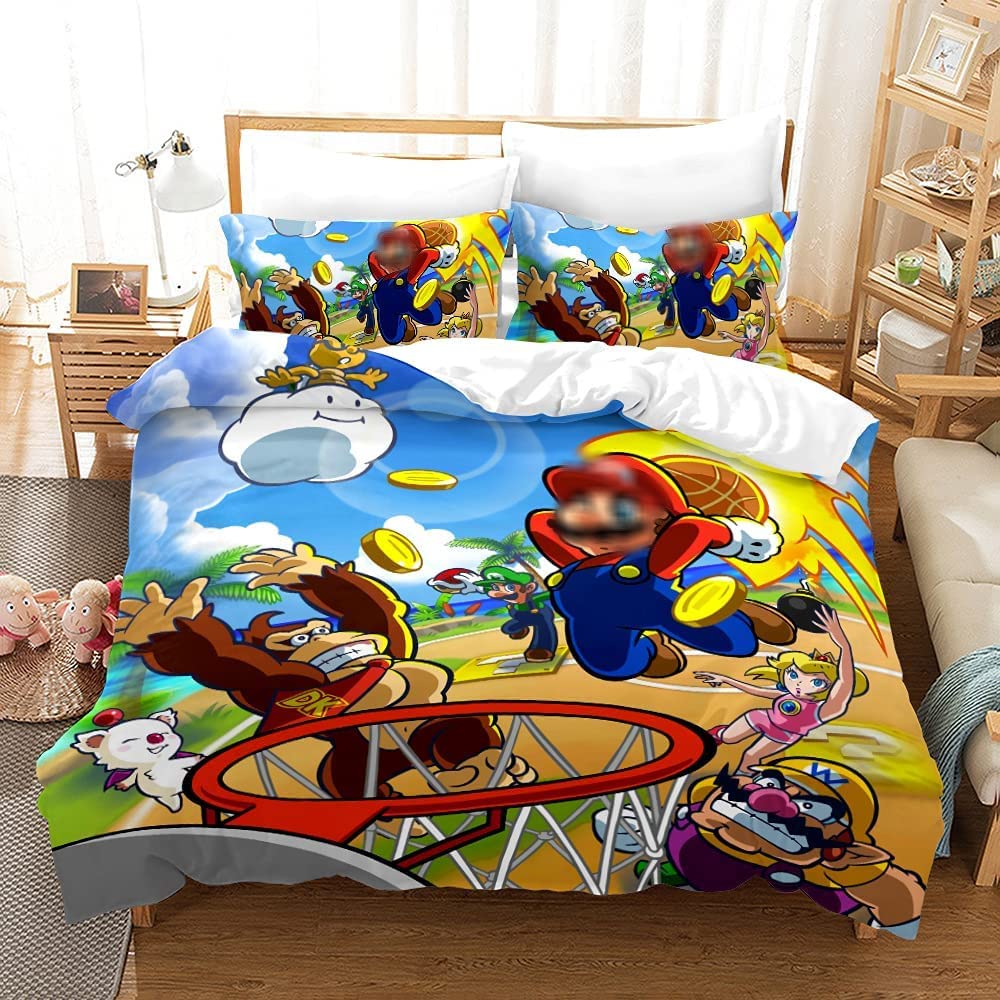 LARIAU Cartoon Duvet Cover,Game Characters Super Bros 3D Print Bedding King 3 Piece Sets for Kids Boys, Lightweight Soft Microfiber Quilt Set with Matching Pillowcase Ma2