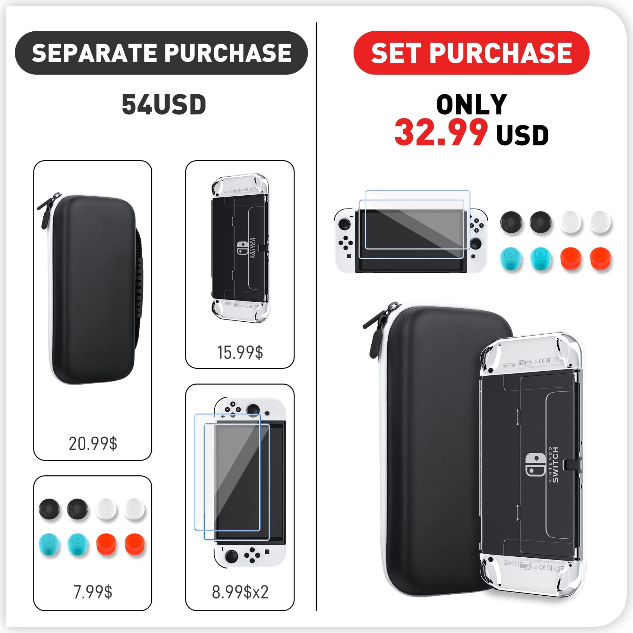 RHOTALL High Capacity Carrying Case Set Compatible with Nintendo Switch OLED, Portable Travel Bag Accessories Storage Case for Switch OLED with Protective Case, 2 Screen Protector and 8 Thumb Caps