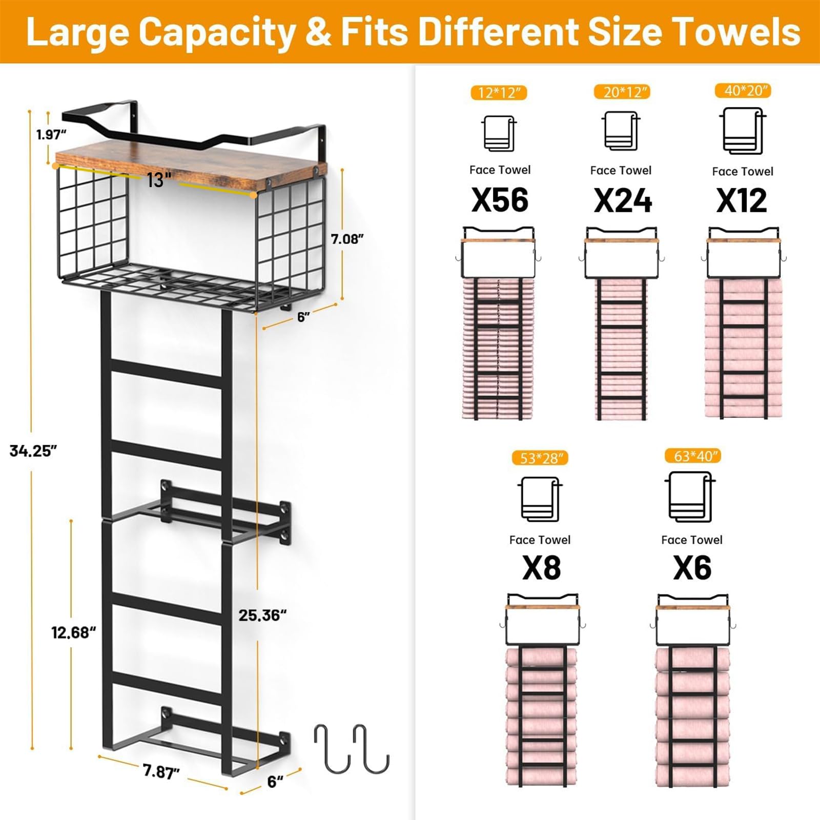Towel Racks for Bathroom,Towel Rack Wall Mounted with 2 Pack Towel Shelf and a Wire Basket, Rolled Towel Holder Shelf Bathroom Storage and Organizer, Sturdy Metal & Wood, Black