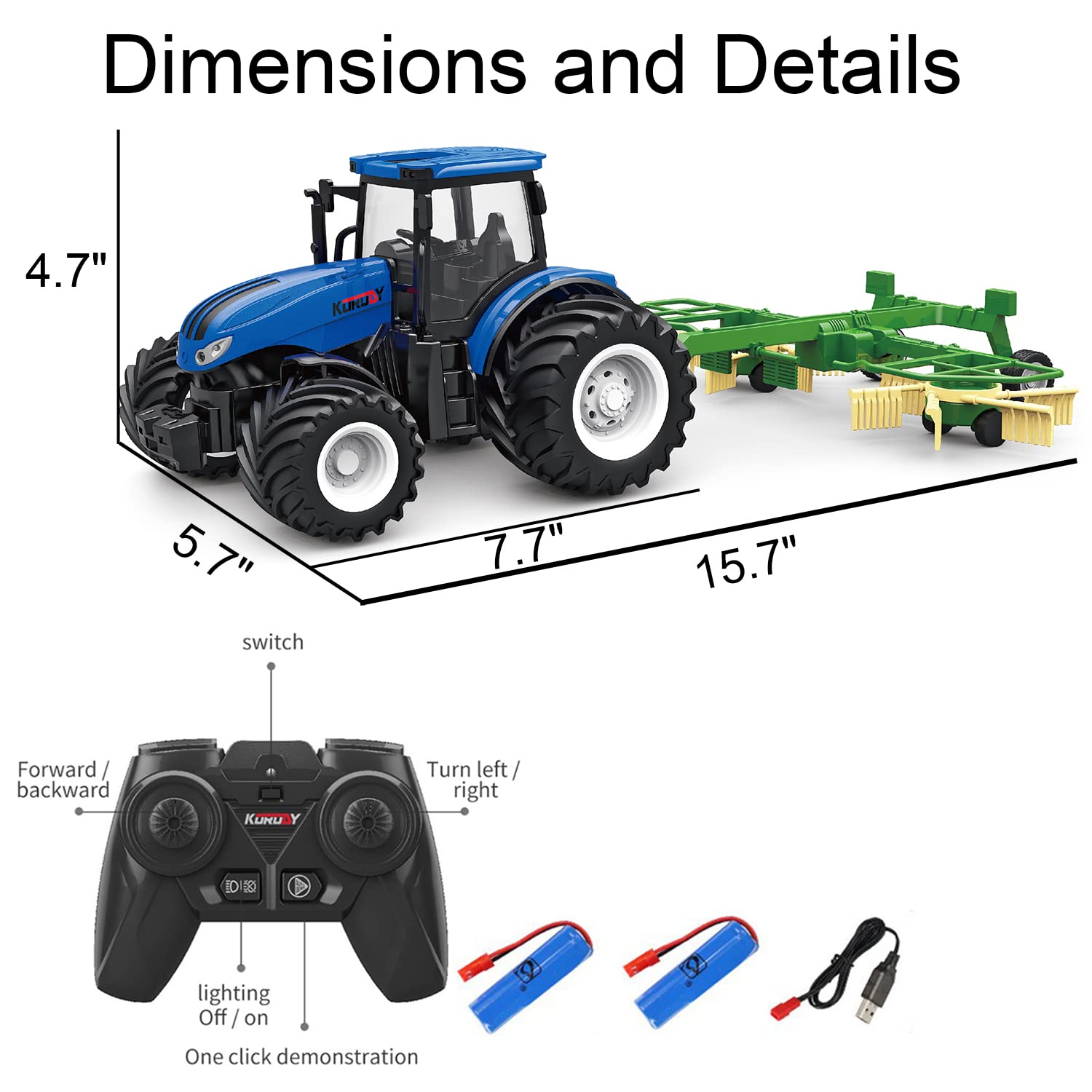 RC Truck Farm Tractor with 2 Rechargeable Batteries - 2.4G 1/24 High Simulation Construction Vehicle with Dual Rotary Swath Windrower,Remote Control Toy with Lights, Hobby Model Toys for Kids 3-6