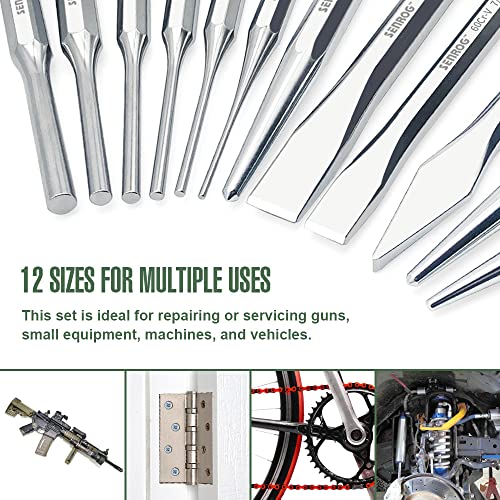 SENROG 12 Pieces Punch and Chisel Set, Alloy Steel 60Cr-v Made Punch Set, Mirror Surface and Chroming Gunsmith Punch Set, Including Flat Chisels, Taper Punch, Pin Punch Set, Center Punch, Cape Punch