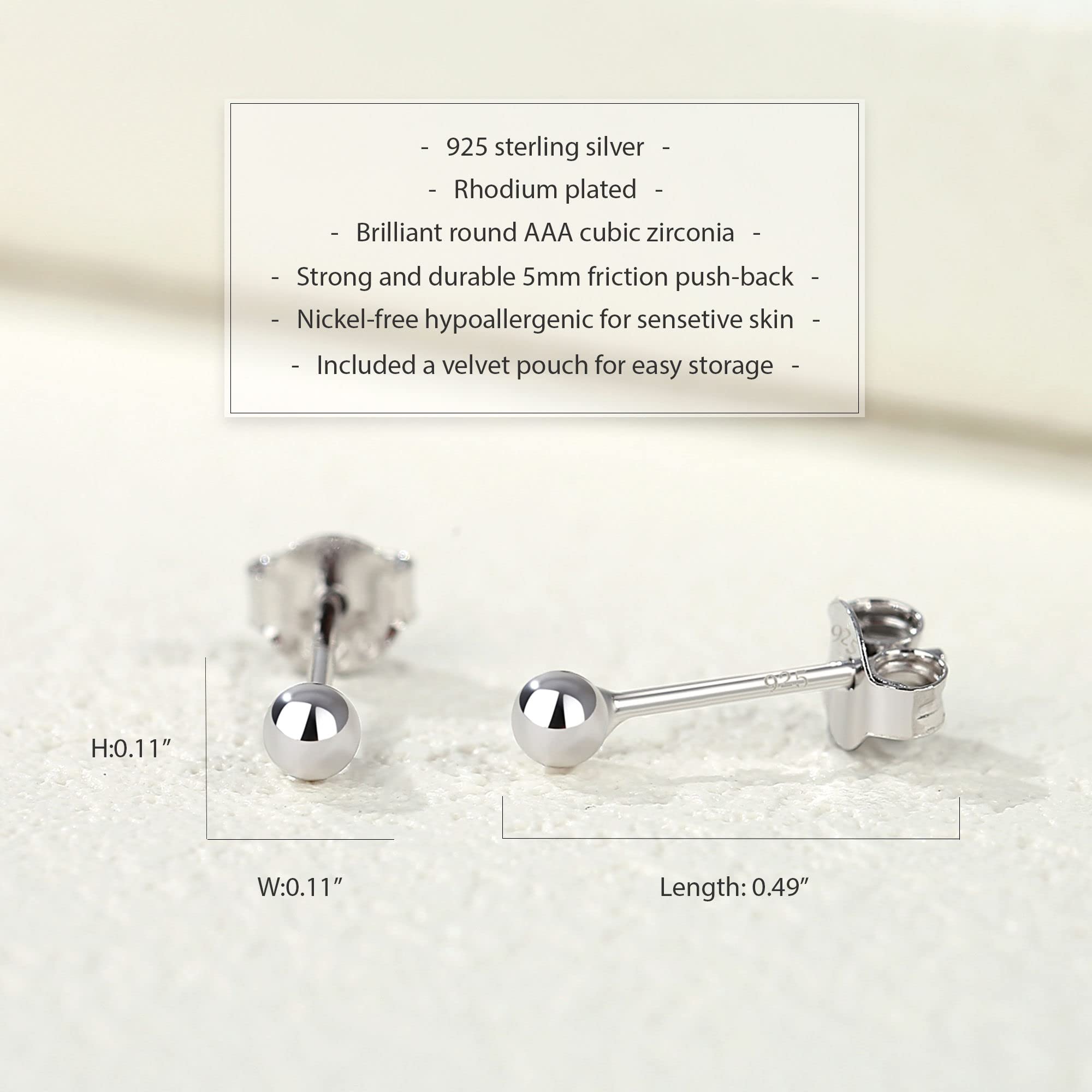Lavishe Rhodium Plated 925 Sterling Silver Bead Round Ball Earrings Studs 3mm