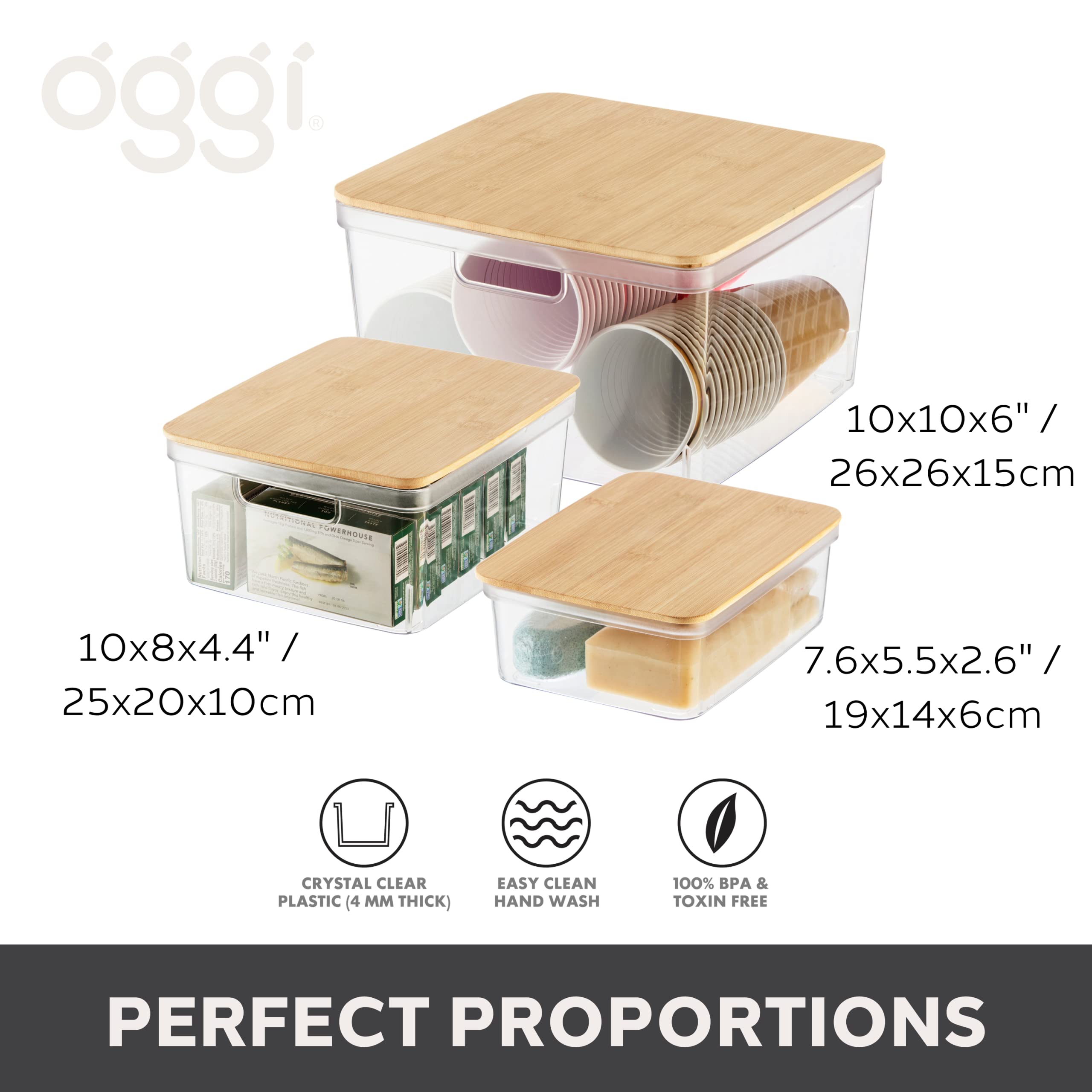 OGGI Clear Stackable Storage Bin with Bamboo Lid, Set of 3 - Ideal for Kitchen, Pantry, Cabinet, Bathroom, Bedroom, Kids, Refrigerator. With Handles & Lid - Organizer for Snacks, Toys, Crafts