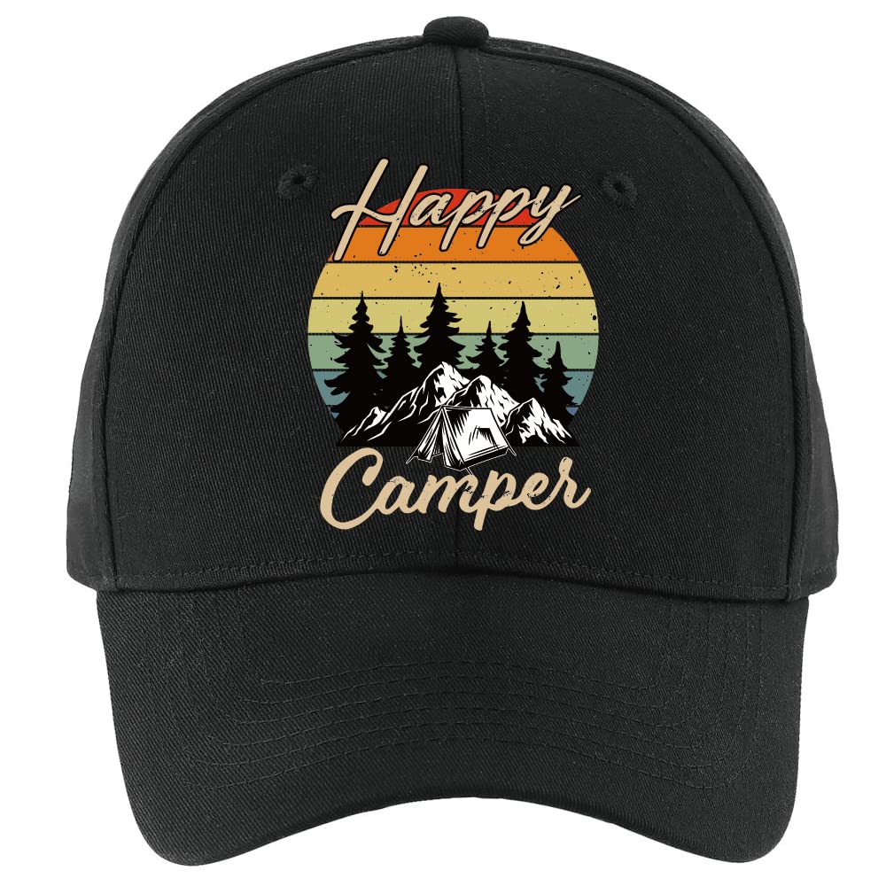 Pishovi Happy Camper Fun Baseball Cap, Vintage Adjustable Cotton Cap, Birthday Gift for Dad, Mom, Husband, Wife, Gift for BFF Colleagues, Camping Lovers Black