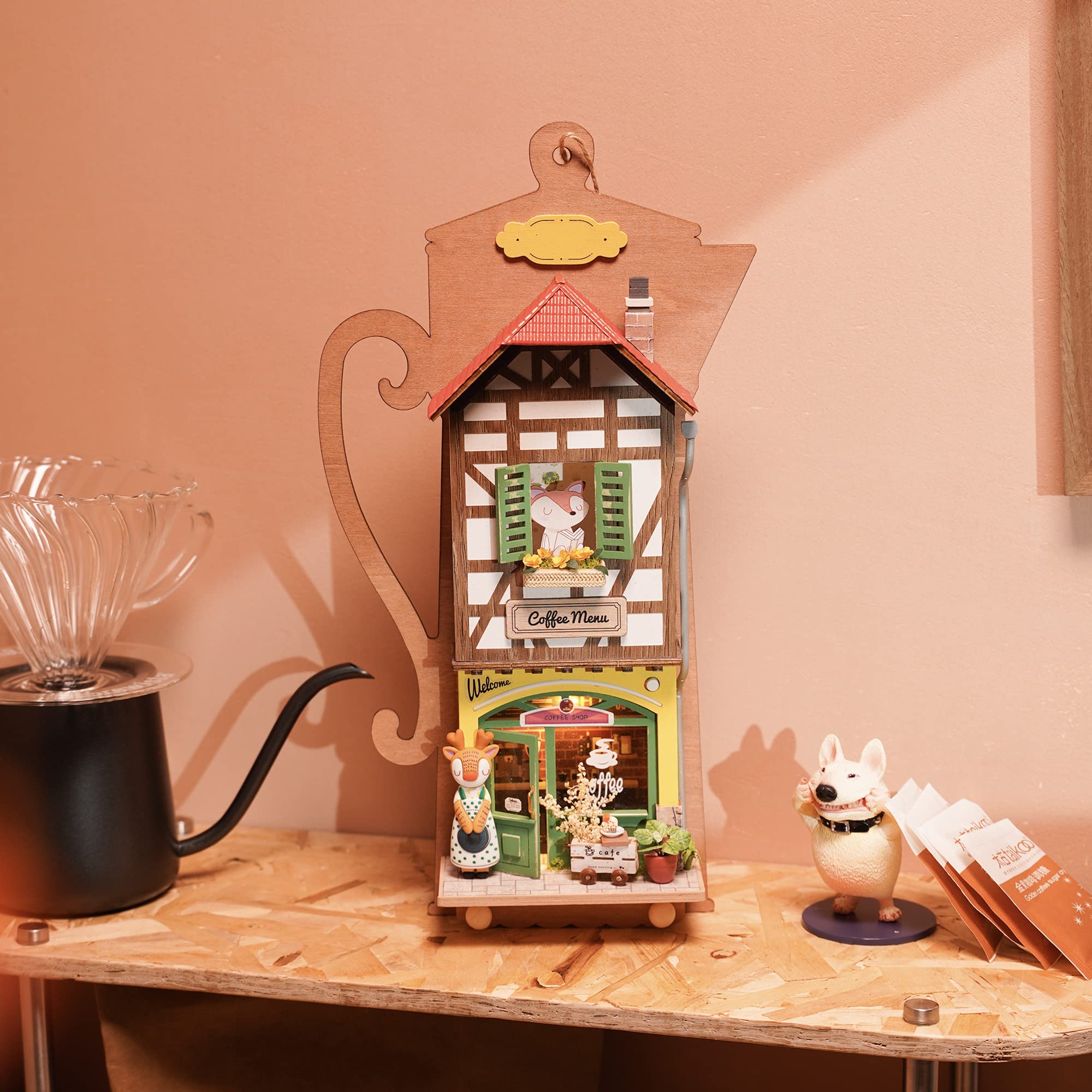 ROBOTIME DIY Miniature Dollhouse kit with LED Wall Hanging Mini House with Hooks Wooden Craft Kits Room Decor Housewarming Gift (Lazy Coffee House)