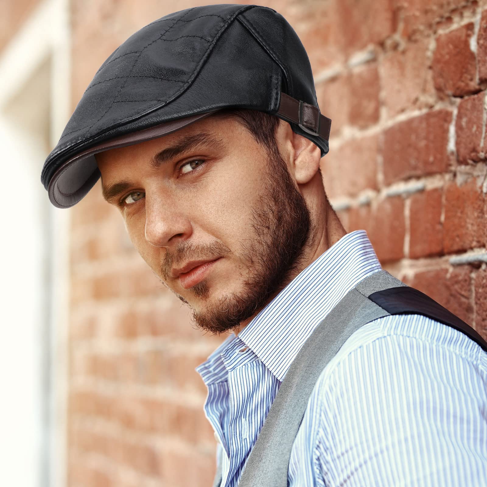 Men PU Leather Cap 2 Pieces Adjustable Newsboy Hat Winter Hat for Men Light Brown and Black Fishing Hat Leather Hats for Men