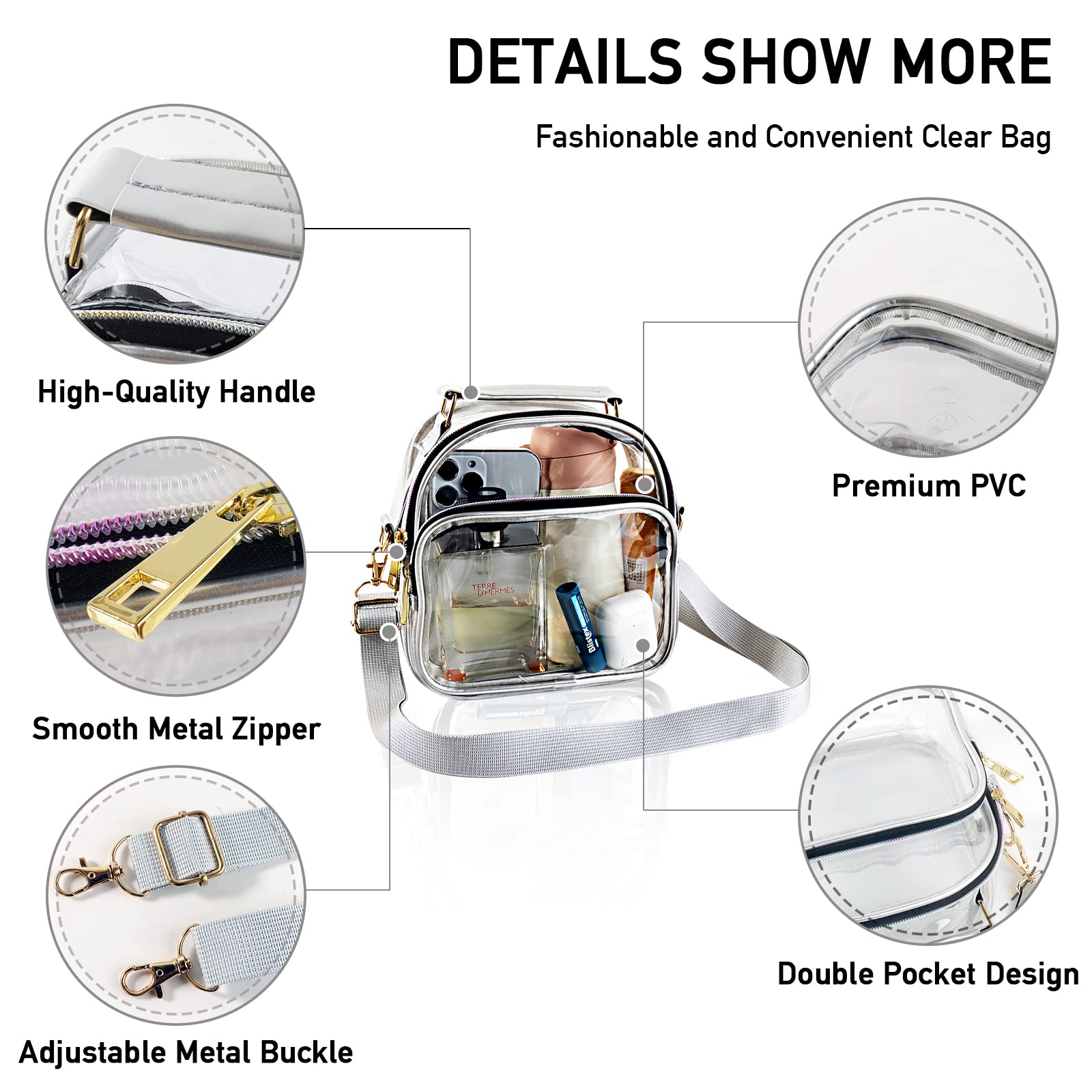 Sambano Clear Purse Shoulder Bag,Cute Crossbody Transparent Bag Stadium Approved with Compartment and 2 Adjustable Shoulder Straps (Black)