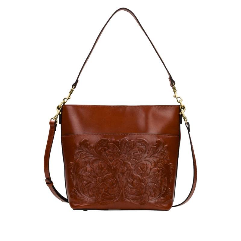 Patricia Nash Harper Leather Shoulder Bag with Crossbody Strap - Tan British Western Tooled