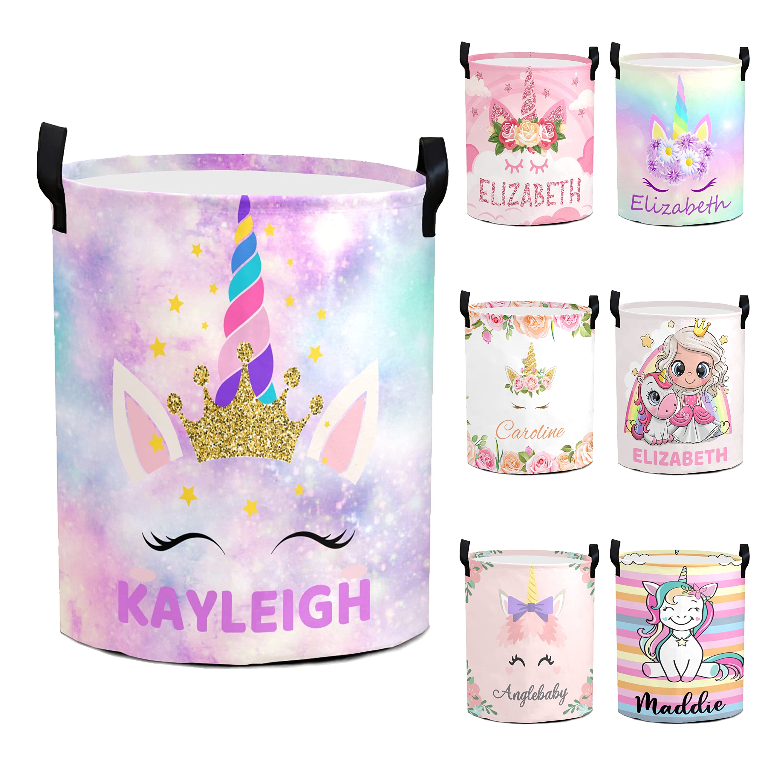 Unicorn Laundry Basket Personalized Laundry Hamper Custom with Name for Girl Rainbow Collapsible Waterproof Storage Basket with Handles (Cute unicorn)