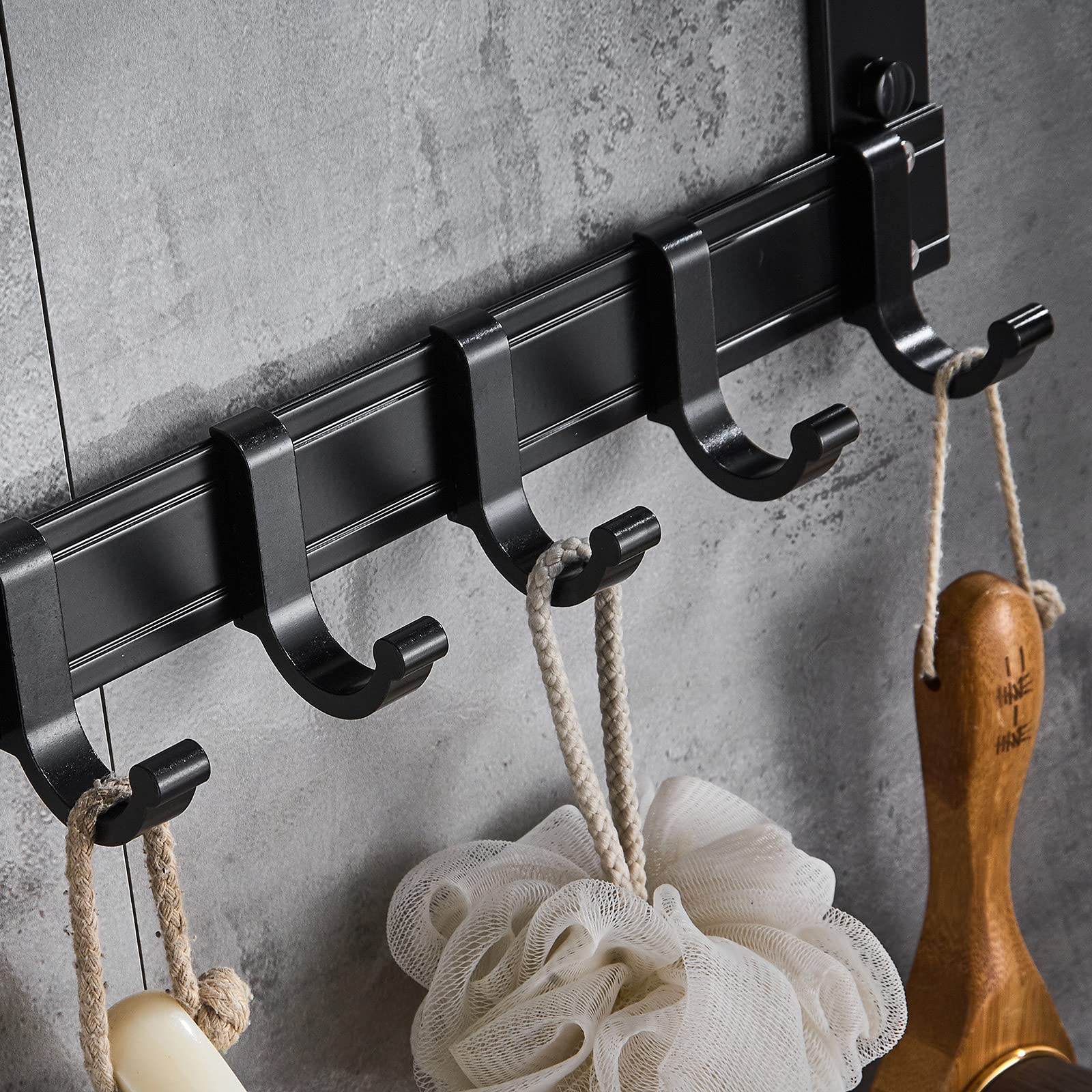 Towel Rack with 7 Towel Bar Holder Foldable Towel Shelf with Movable Hooks Wall Mounted Lavatory Towel Organizer Space Saving Towel Holder Black