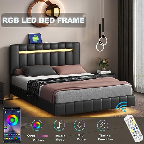 WADRI Modern Queen Size Upholstered Platform Bed, Floating Bed Frame with LED Lights and USB Charging, PU Leather Platform Bed for Kids Teens Adult Bedroom, Easy Assembly (Black-A32)