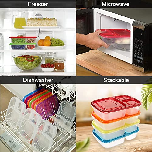 Vonhen 7 Pack Bento Lunch Boxes Reusable 3 Compartment Meal Prep Containers - Leakproof Lunch Container with Lids for Work, and Travel