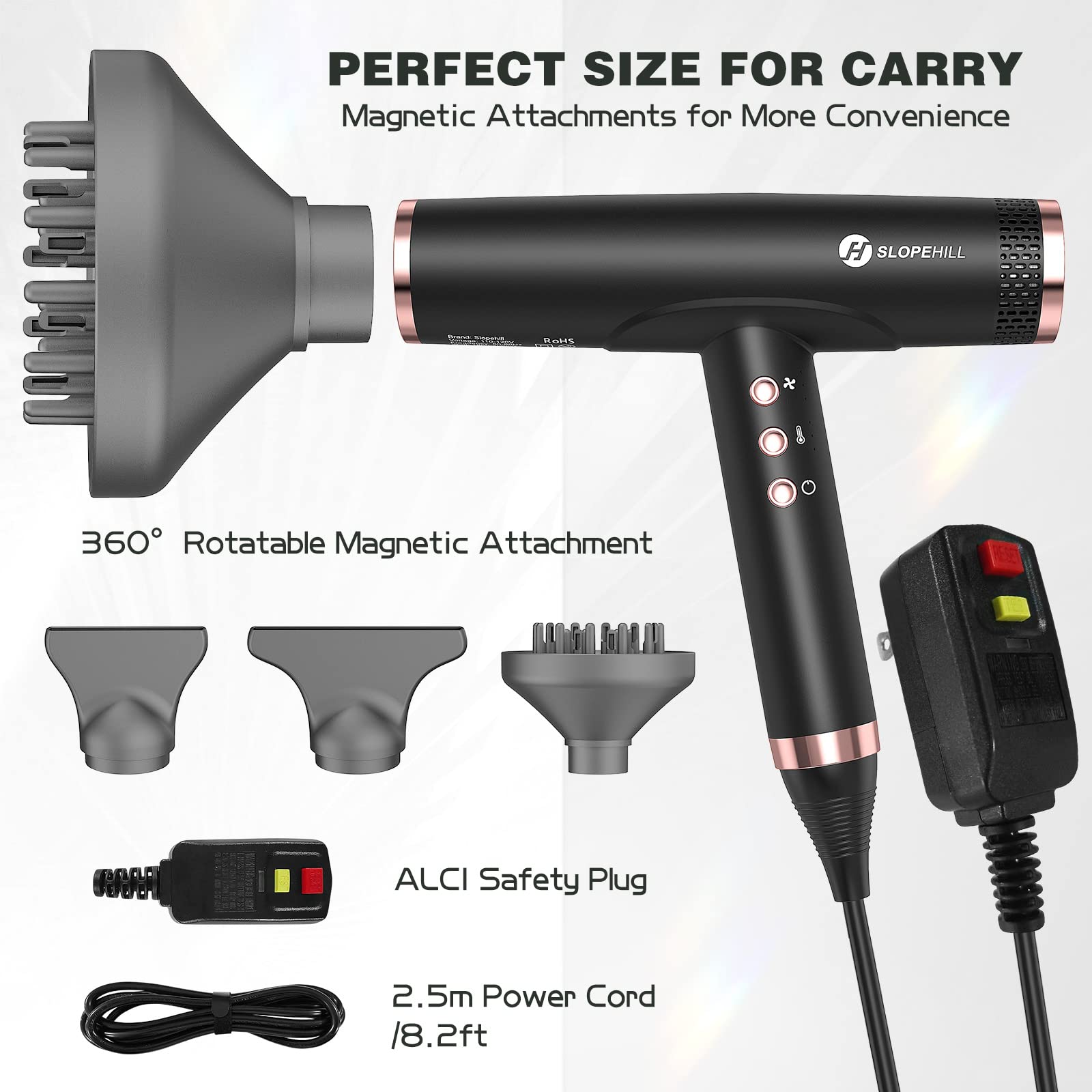 Slopehill Professional Hair Dryer with Diffuser, Ionic , Powerful & Fast Salon Blow Dryer with 110, 000 RPM Brushless Motor, Compact Travel for Women,Home