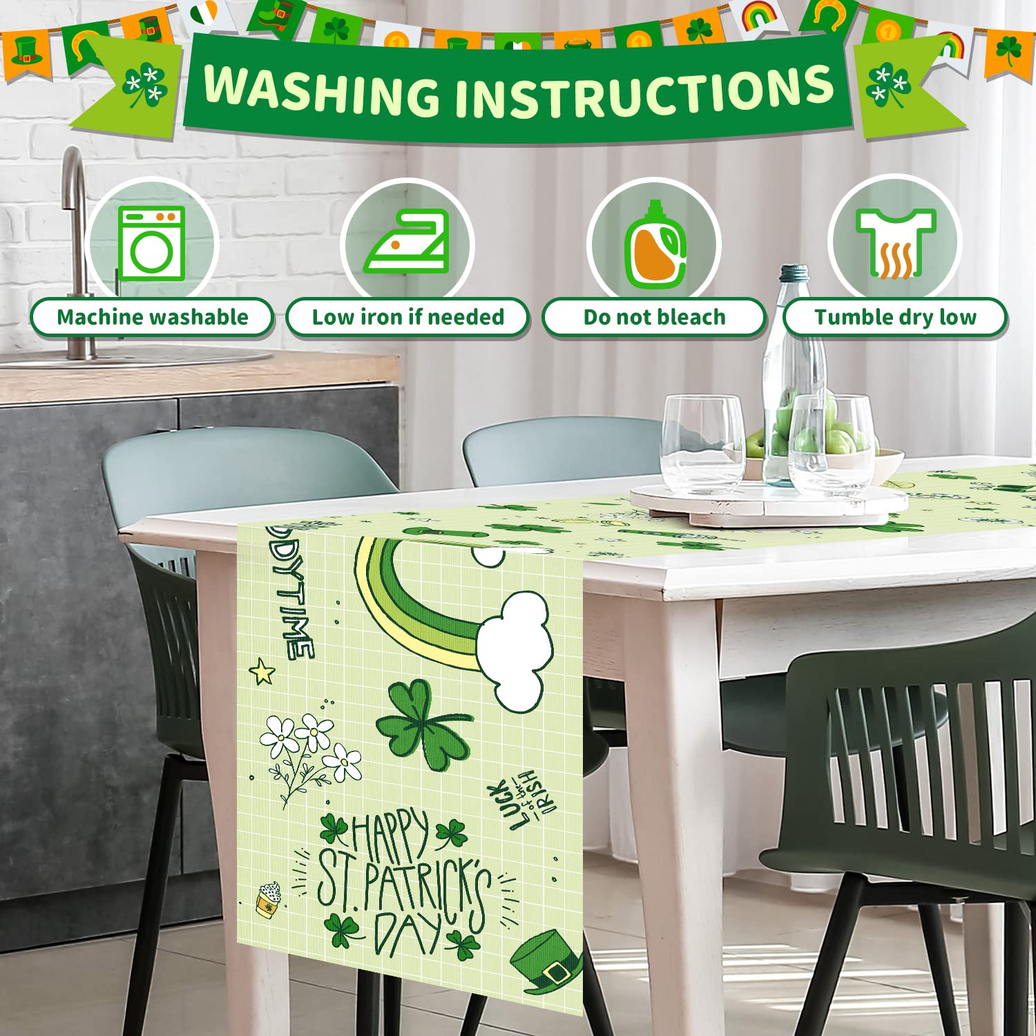 St Patricks Day Table Runner, Opawel Lucky Shamrock Seasonal Spring Holiday Kitchen Dining Table Decor for St Patricks Day Decoration Indoor Outdoor Home Party Decor