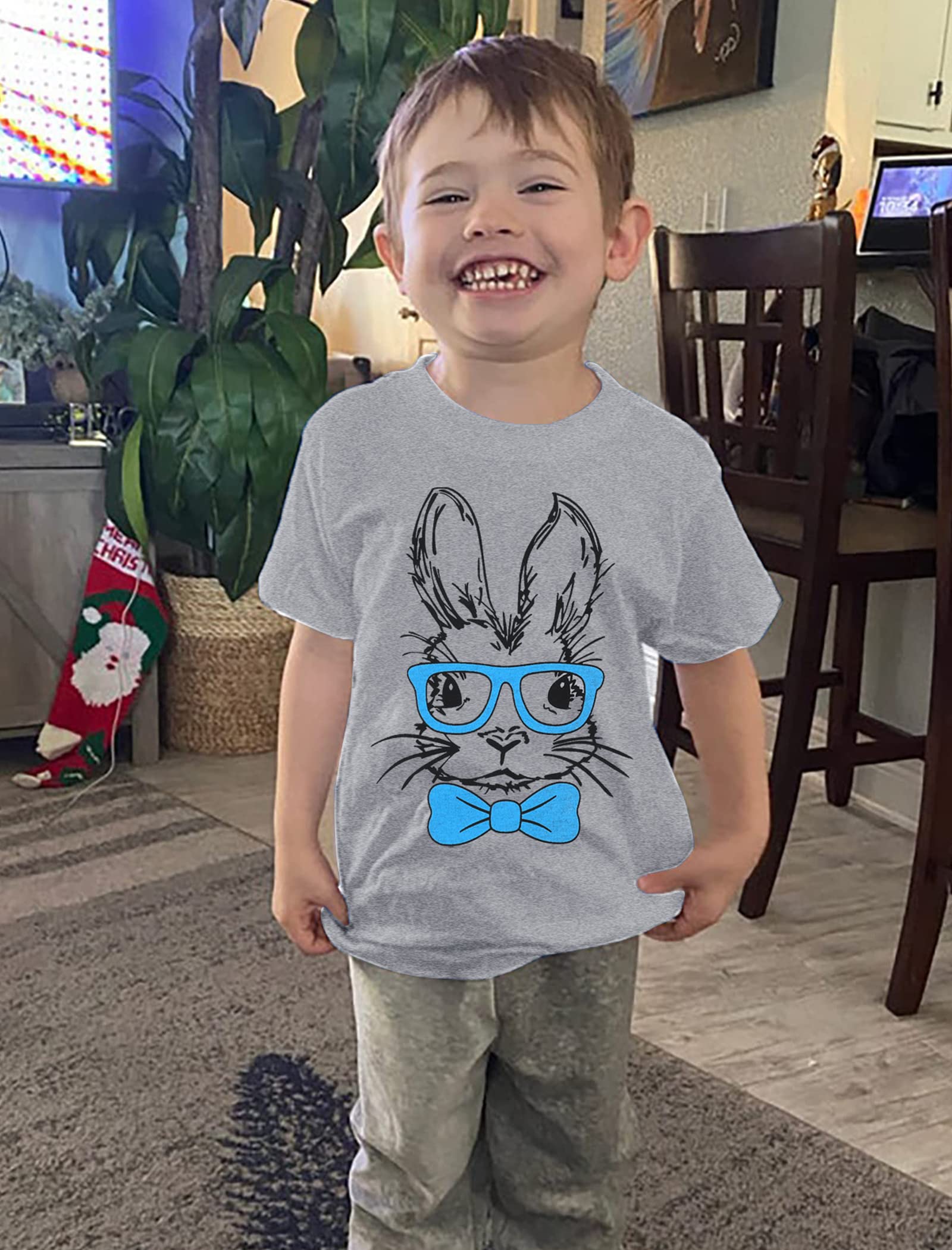 Toddler Easter Bunny Shirts Cute Rabbit with Glasses Print Tshirt Happy Easter Short Sleeve Tee Tops Grey