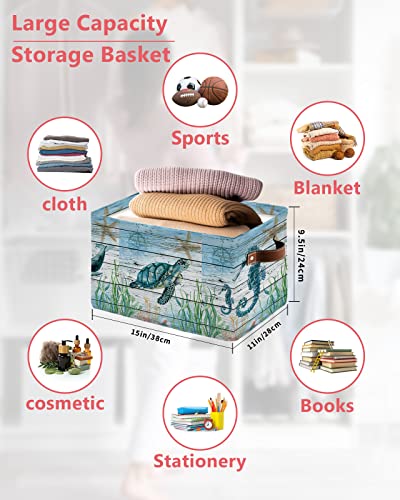 Storage Cubes Organizer with Handles, Aminal Sea Turtle Sea Horse Octopus Whale Storage Bins Collapsible Storage Baskets for Shelf Closet Nursery Cloth Organizers Box Ocean Underwater World Theme 1pcs