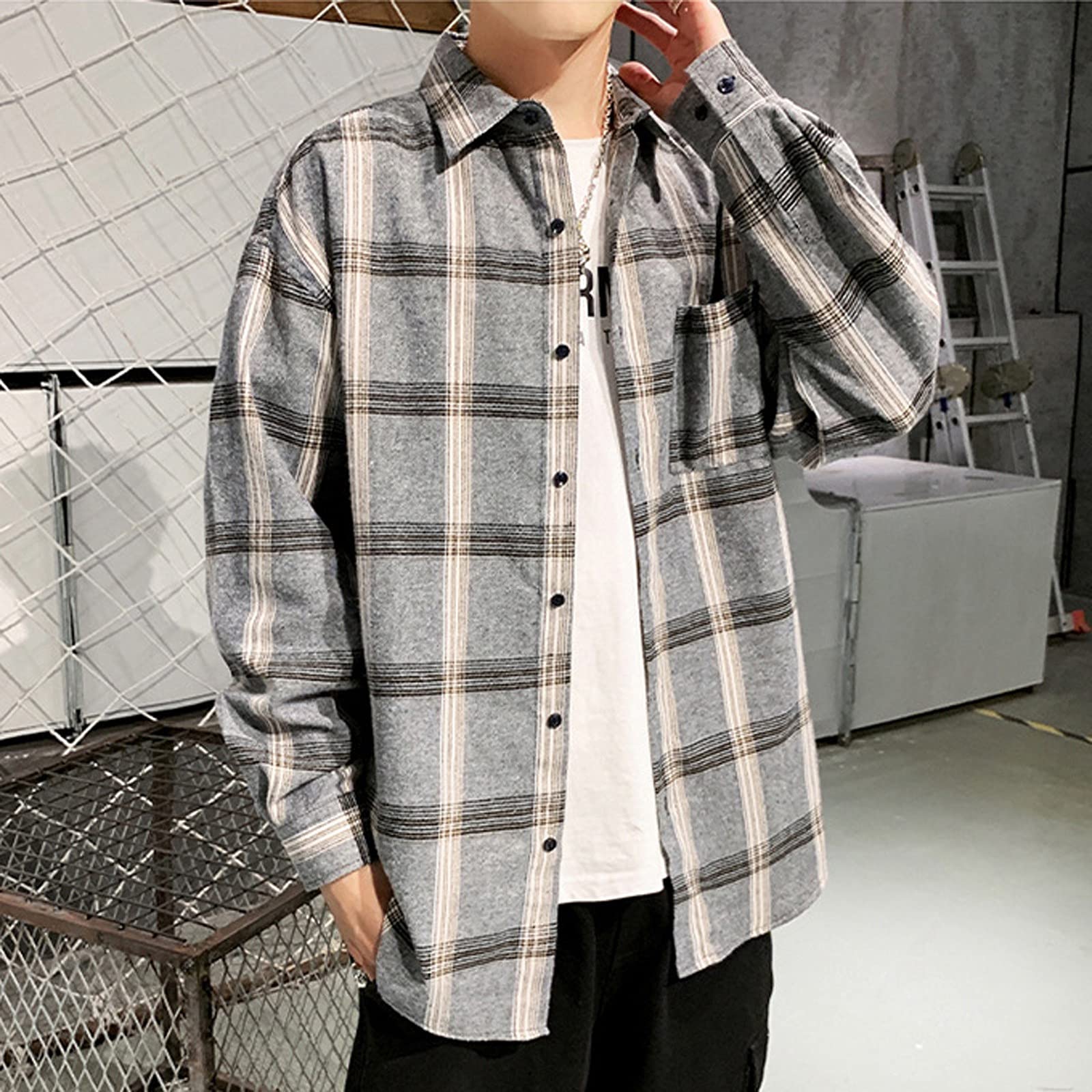 Men's Plaid Shirts Fashion Design Long Sleeve Button Down Loose Lapel Casual Shirt Basic Tees Baggy Tops Spring Autumn