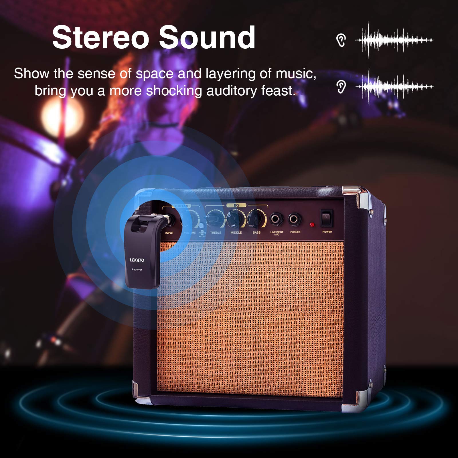 LEKATO Wireless Guitar System 2.4GHz Rechargeable Audio Wireless Transmitter Receiver 6 Channels for Guitar Bass Electric Instruments, Stereo and Mono 1/4โ & 1/8โ 2 in 1 Plugs,Black(WS-60)