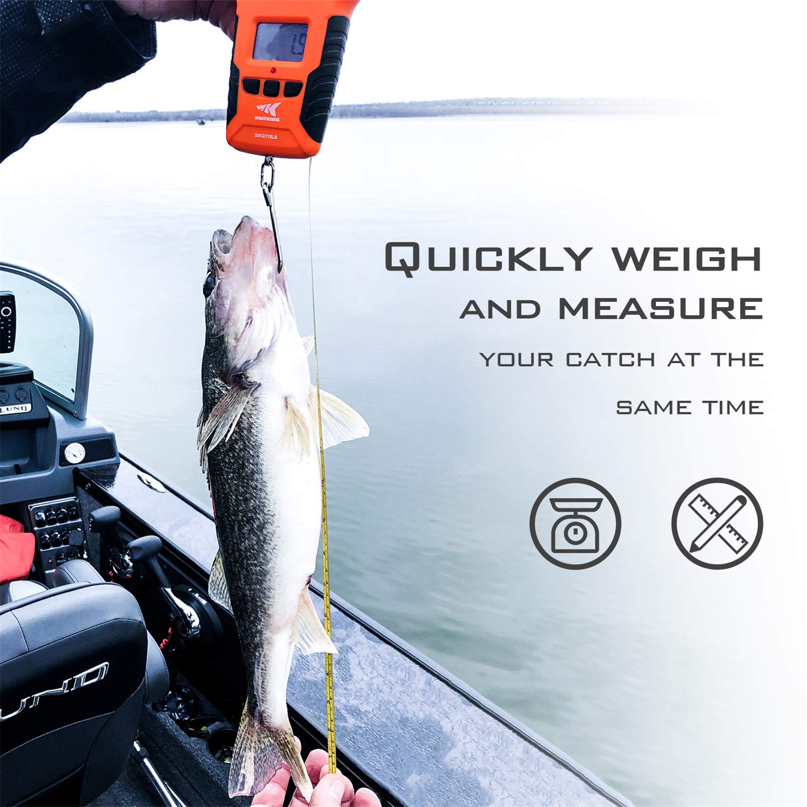 KastKing Fish Scale, Water Resistant Digital Scale with Ruler, 110lb Capacity, Dual Mode β Pounds/Ounces & Kilograms, Light, Strong ABS Frame, Non-Slip Handle, Retractable 38 inch Tape Measure