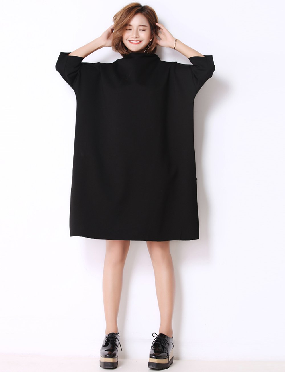LAI MENG FIVE CATS Women's Casual 3/4 Sleeve Turtleneck Oversized Loose Sweatshirt Pullover Top ONE Size Black