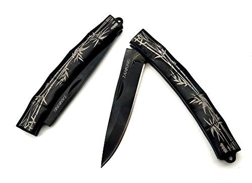 TANKING Bamboo Style Folding Pocket Knife with Non-Slip Pattern Handle, Durable Stainless Steel Blade, Hunting Camping Outdoor Tool Tactical Knife (Bent handle-Black)