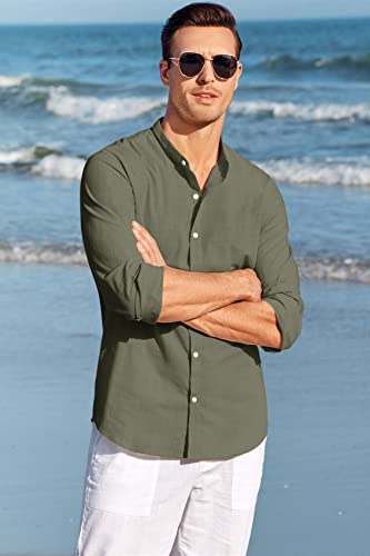 Makkrom Men's Cotton Linen Shirts Long Sleeve Button Down Band Collar Summer Beach Shirt Top Army Green