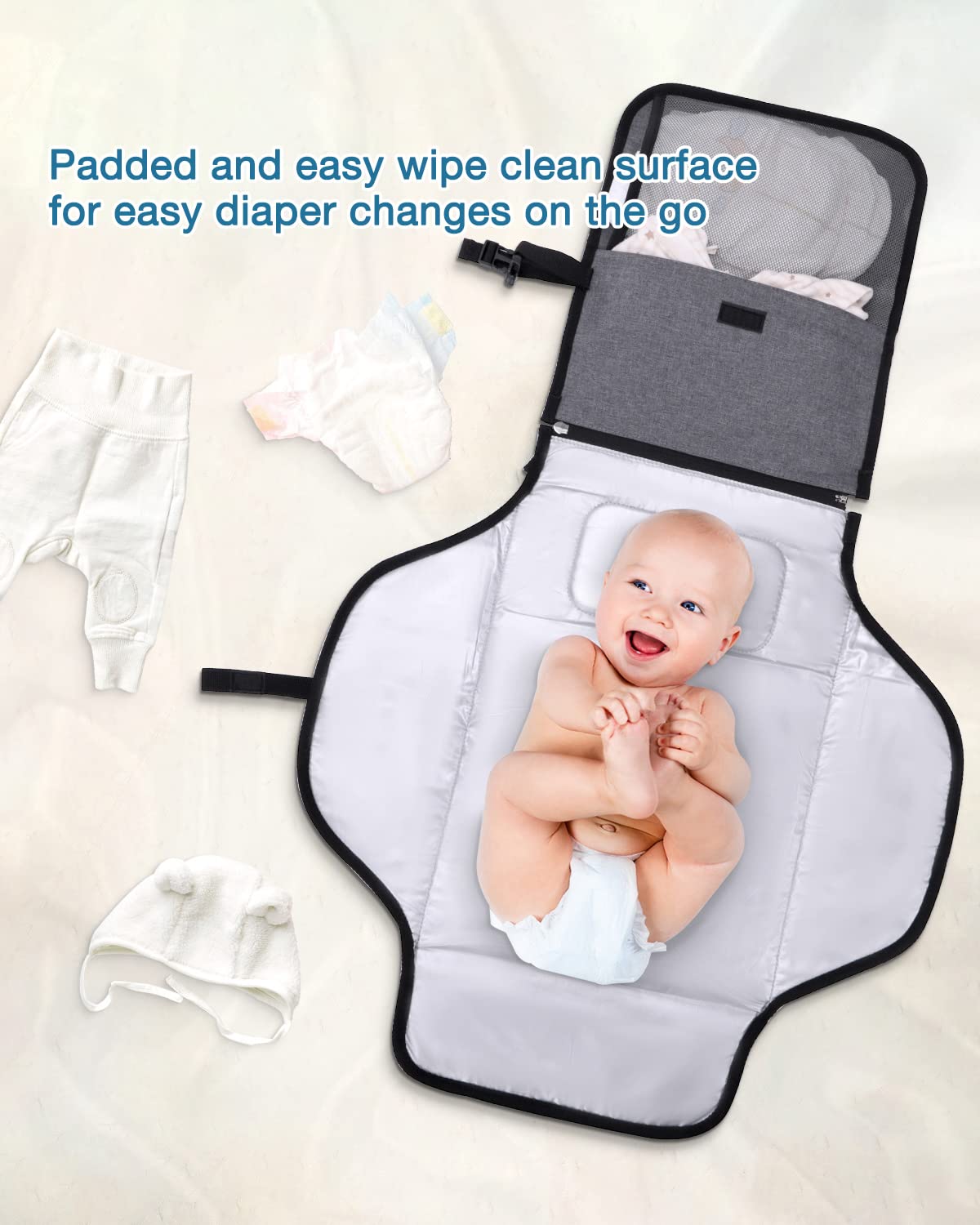 Lekebaby Diaper Changing Pad Portable Changing Pad Baby Change Mat Waterproof with Built-in Head Cushion, Grey with Arrow Print