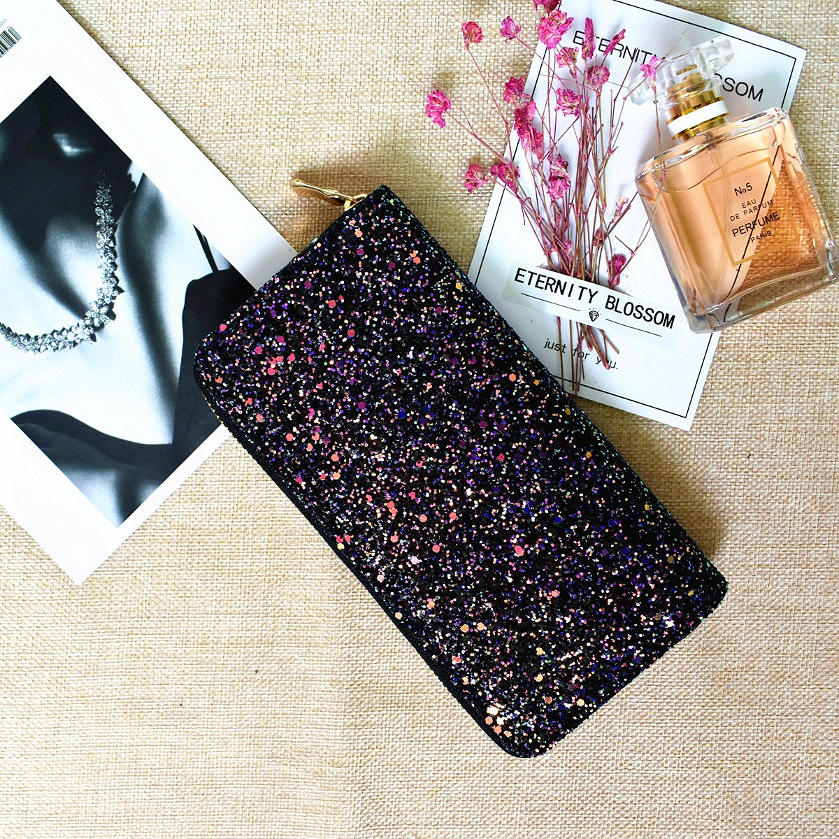 Laimi Duo Bling Black Glitter Clutch Shiny Handbag RFID Blocking Leather Wallet Multi Card Organizer for women
