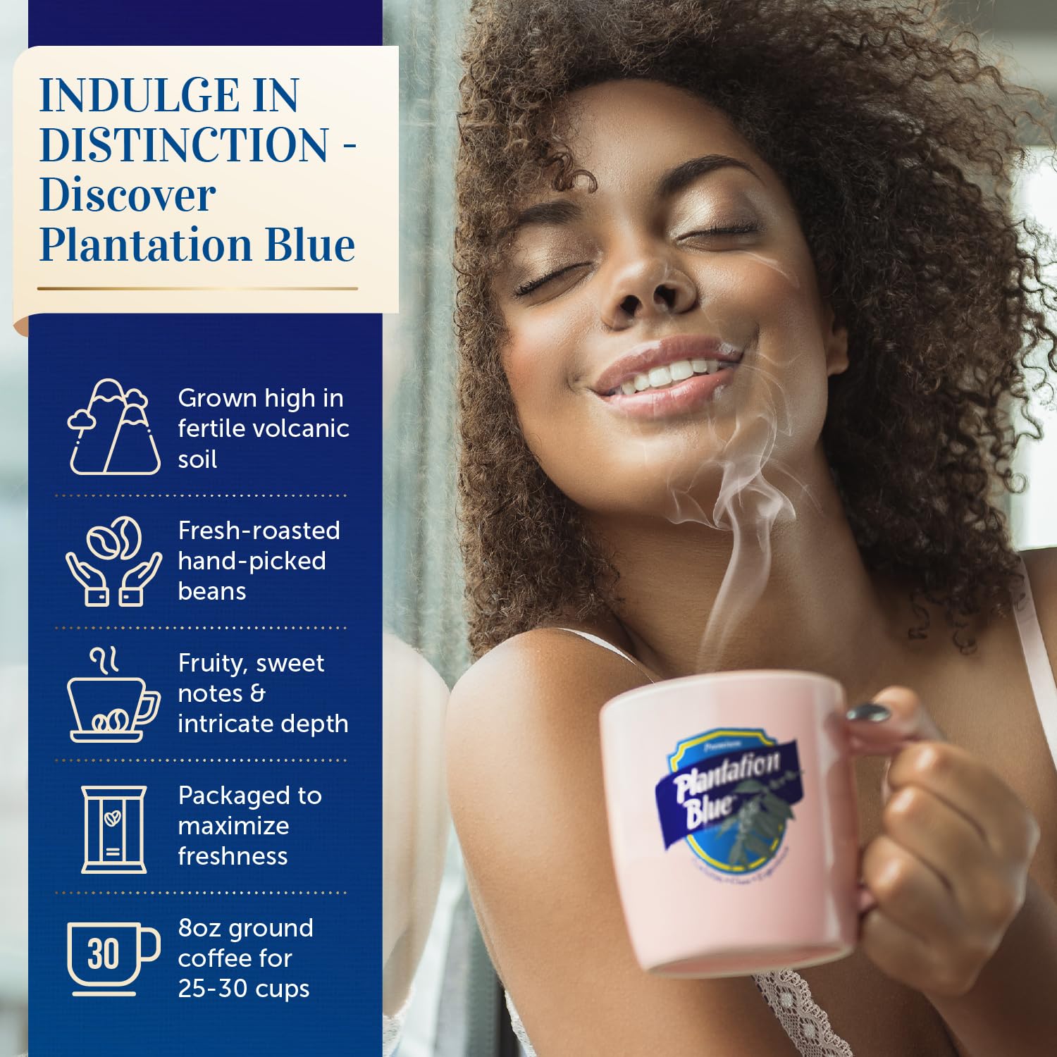 Plantation Blue 100% Blue Mountain Coffee from Jamaica, Medium Roasted and GROUND (8oz)