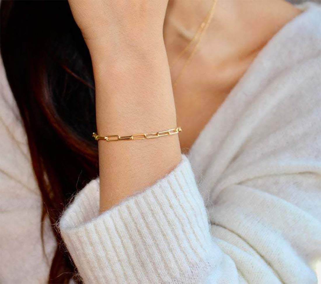 MOMOL 18K Gold Plated Stainless Steel Link Chain Bracelets for Women Paperclip Chunky Link Chain Charm Bracelet