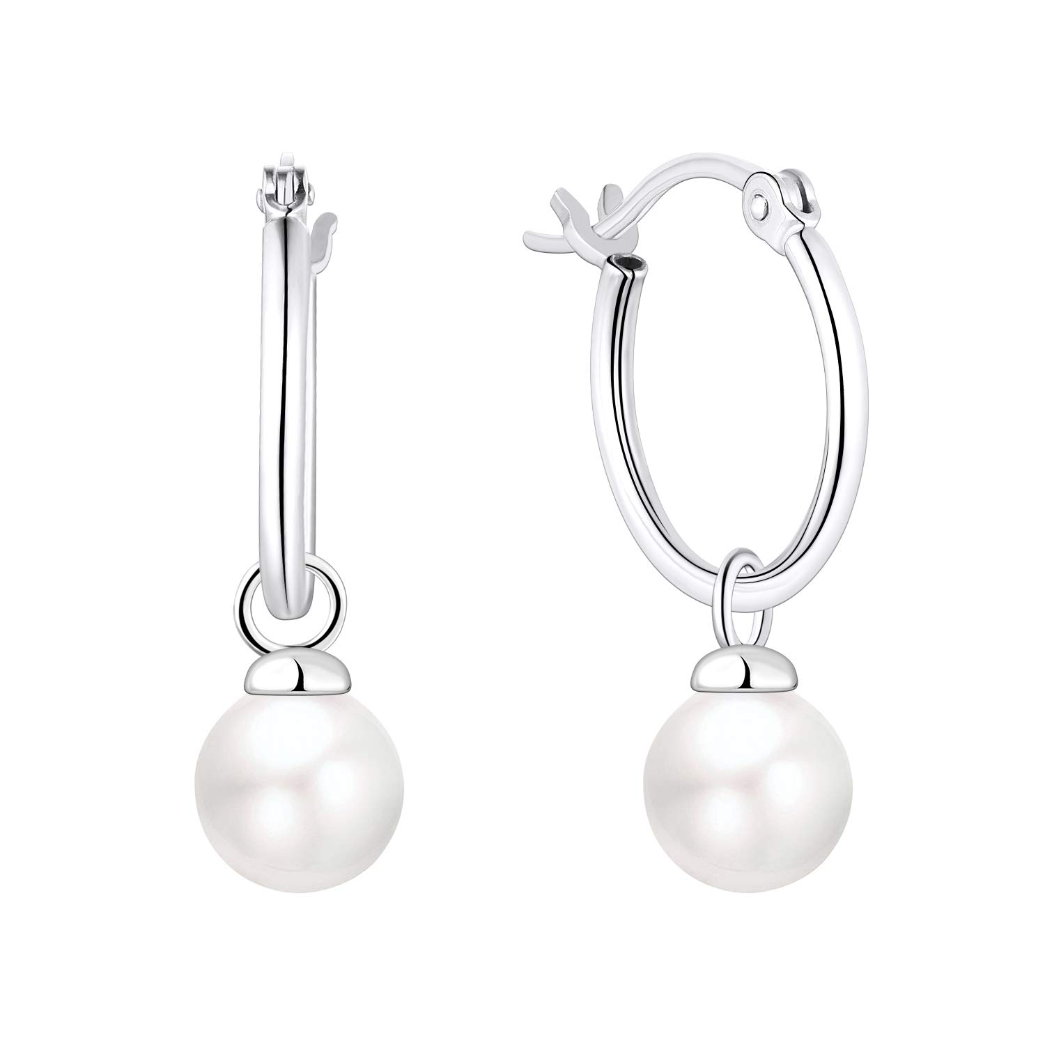 JO WISDOM 925 Sterling Silver Simulated White Shell Pearl Hoop Earrings (Size: 1.5 * 15mm)